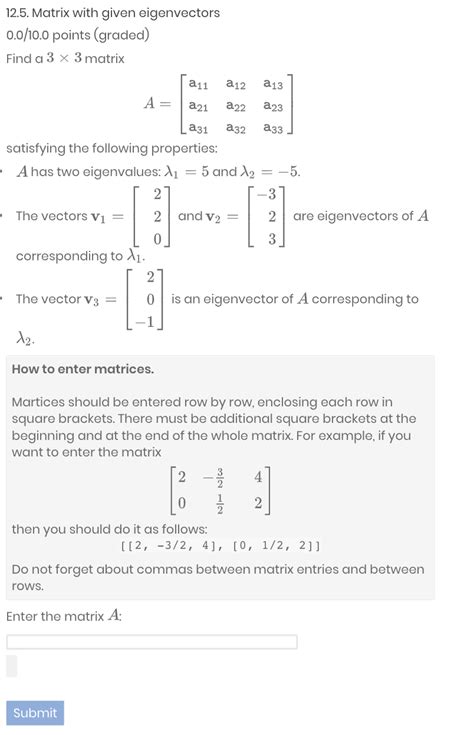 solved 12 5 matrix with given eigenvectors 0 0 10 0 points