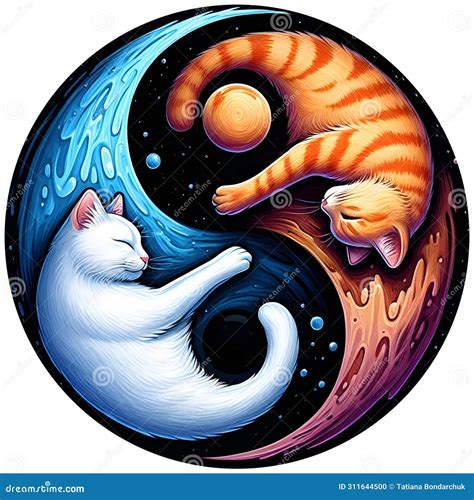 Cats Yin Yang Fantasy In Blue And Gold Stock Illustration