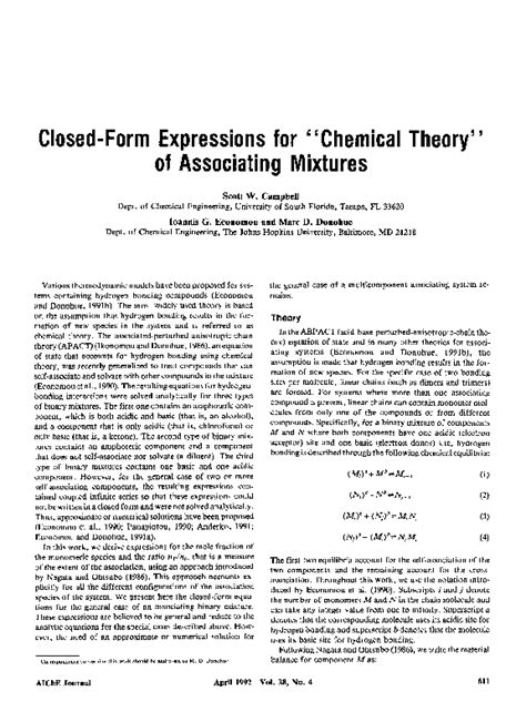 Pdf Closed‐form Expressions For “chemical Theory” Of Associating