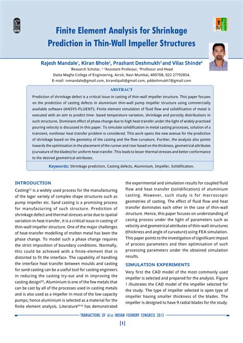 Pdf Finite Element Analysis For Shrinkage Prediction In Thin Wall Impeller Structures