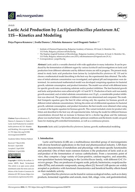 Pdf Lactic Acid Production By Lactiplantibacillus Plantarum Ac 11s
