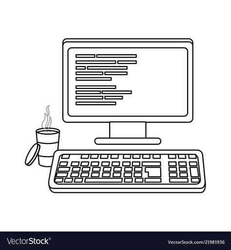 Outline Computer With Programming Code And Hot Vector Image