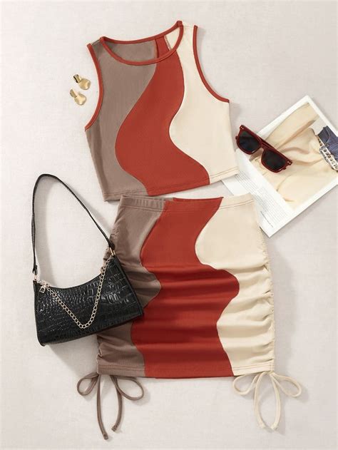 Colour Block Contrast Binding Tank Top And Drawstring Side Skirt Girls