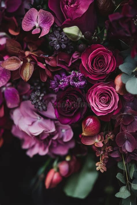 A Detailed View Of A Variety Of Flowers Arranged In A Bouquet Stock