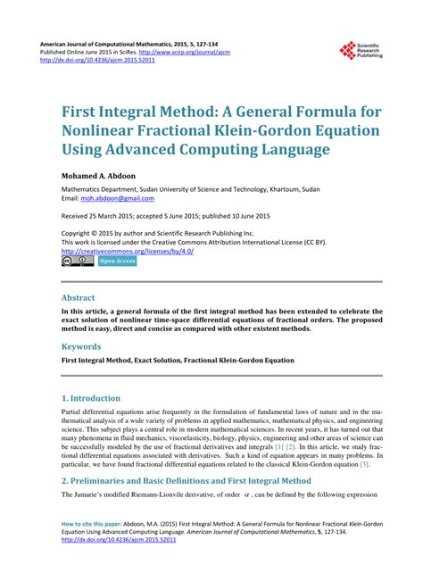 Pdf First Integral Method A General Formula For Nonlinear Fractional Klein Gordon Equation