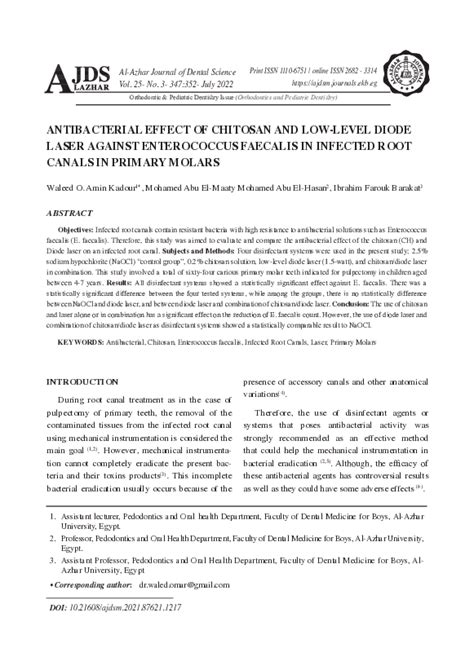 Pdf Antibacterial Effect Of Chitosan And Low Level Diode Laser Against Enterococcus Faecalis