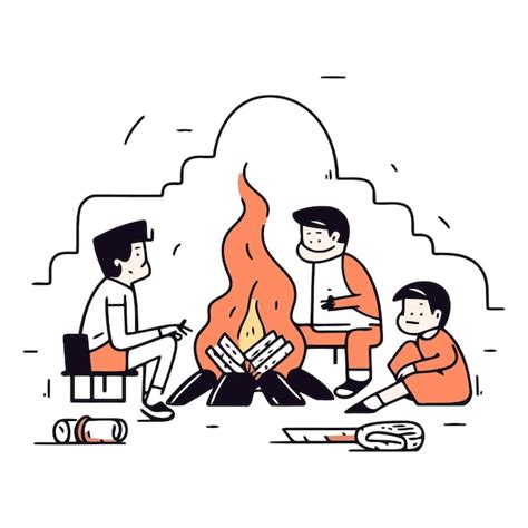 Premium Vector Camping With Friends People Sitting Around Bonfire And