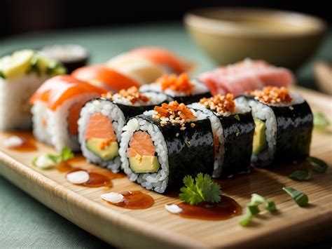 Premium AI Image Sushi Roll Arranged On A Long Rectangular Plate With