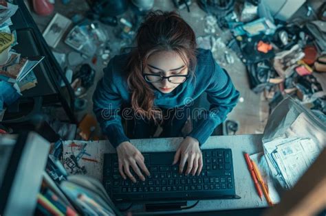 Asian Female Young Adult Working On A Computer In A Cluttered Room Stock Image Image Of