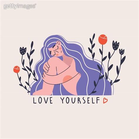 Love Yourself Woman Hugging Herself Lettering Love Your Body Concept
