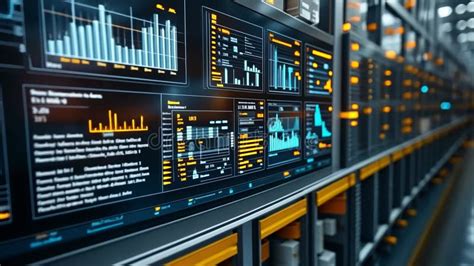 High Tech Data Center With Server Racks And Analytics Displays At Peak