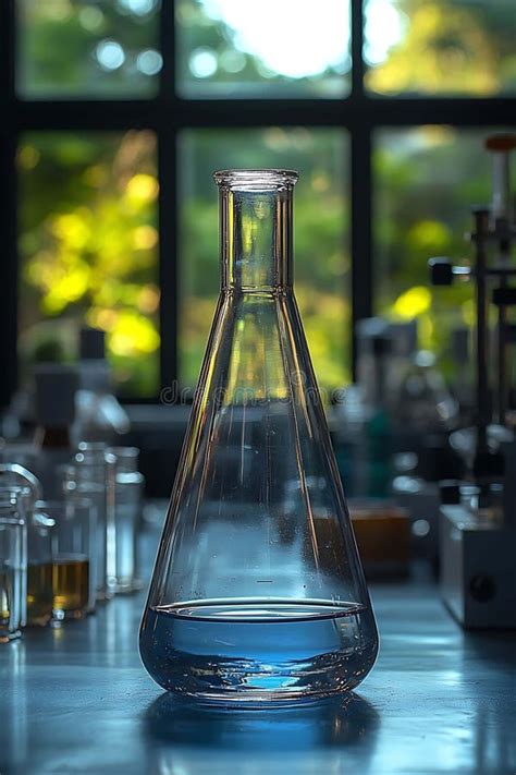 A Single Erlenmeyer Flask Containing A Vibrant Blue Liquid Sits On A