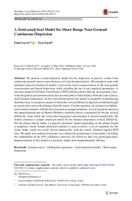 Pdf A Semi Analytical Model For Short Range Near Ground Continuous Dispersion