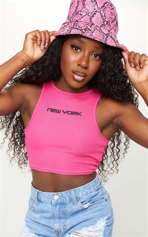 Hot Pink New York Printed Rib Crop Top Tops Prettylittlething
