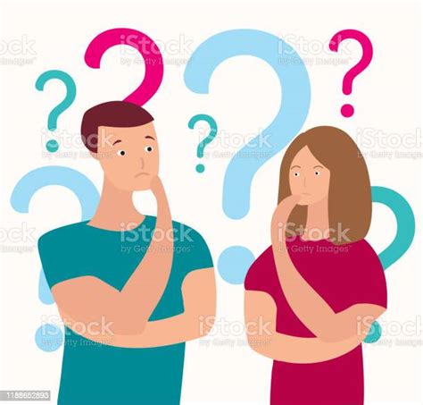 사려 깊은 사람 남자와 여자 생각 물음표 생각하고 생각하고 고민하고 스스로에게 물어봅습니다 벡터 일러스트레이션 개념에 대한 스톡