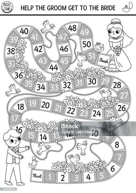 귀여운 결혼 한 부부 신랑 신부 반지가있는 아이들을위한 결혼식 흑백 주사위 보드 게임 결혼식 보드게임 결혼 인쇄 가능한 활동 색칠하기 보드게임에 대한 스톡 벡터 아트 및