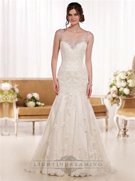 Beading Straps Sweetheart Fit And Flare Lace Wedding Dresses With Low