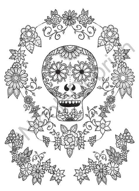 Sugar Skull And Flowers Printable Adult Coloring Page Etsy 日本