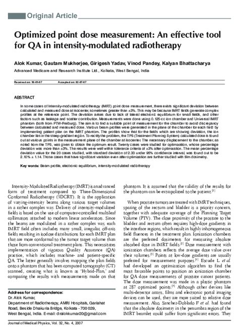 Pdf Optimized Point Dose Measurement An Effective Tool For Qa In