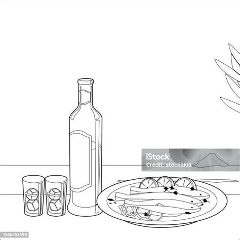 Ouzo Dan Memasak Ikan Di Meja Sebelah Laut Halaman Mewarnai Vektor