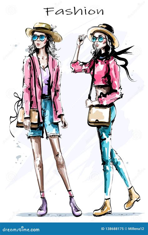 Hand Drawn Beautiful Young Girls In Hats Two Stylish Women Fashion