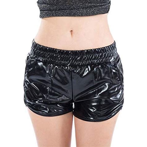 Womens Shiny Metallic Pu Shorts Faux Leather Elastic Waisted Rave