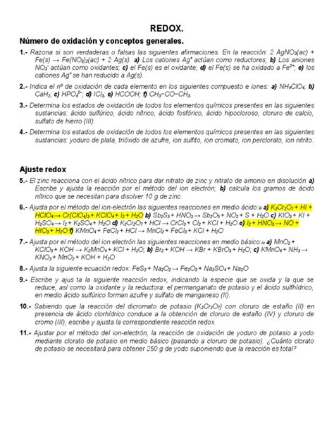 Ejercicios De Redox Con Respuestas Pdf Redox Ácido