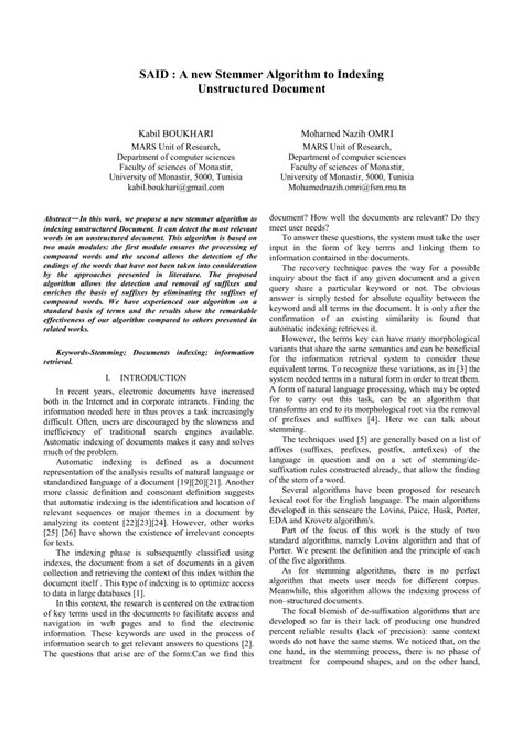 Pdf Said A New Stemmer Algorithm To Indexing Unstructured Document