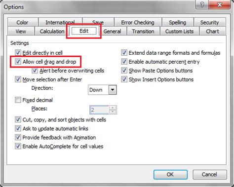enable to disable cell drag and drop option in excel and using vba code