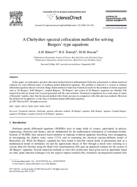 Pdf A Chebyshev Spectral Collocation Method For Solving Burgers Type Equations