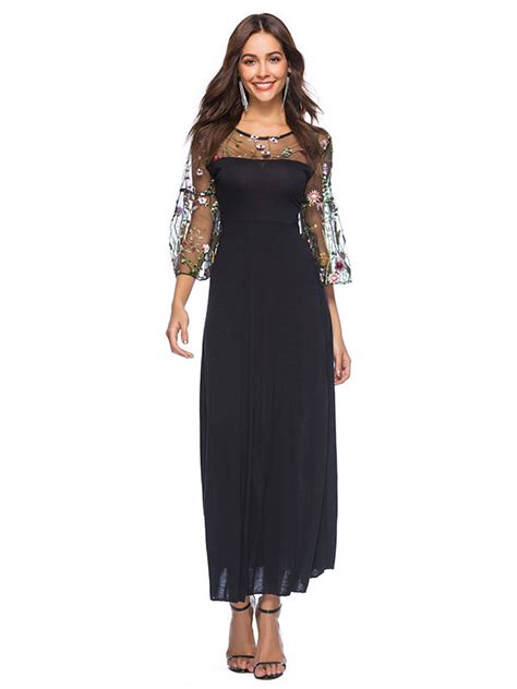 Robe longue noir en polyester brodé col rond manches évasées Milanoo