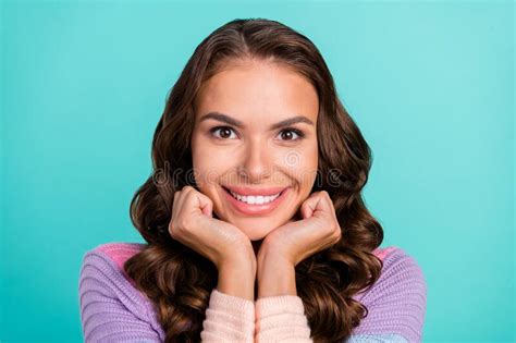 Photo Of Cute Brunette Millennial Lady Hands Face Wear Violet Sweater