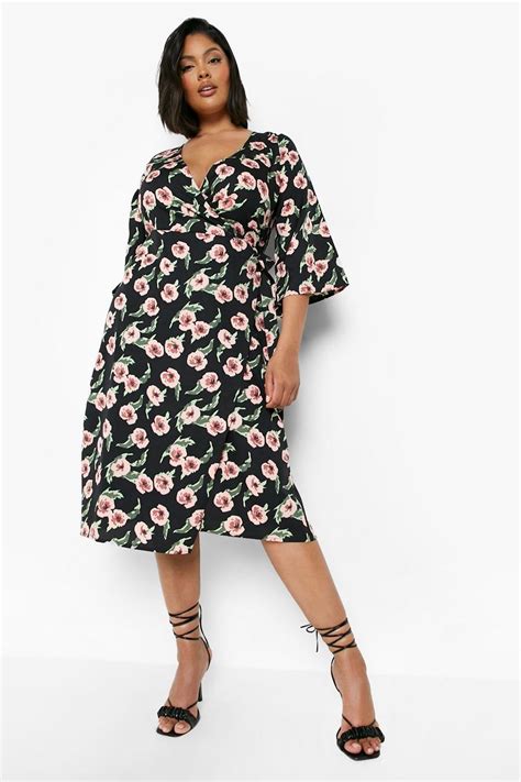 Plus Floral Wrap Midi Dress Boohoo Uk