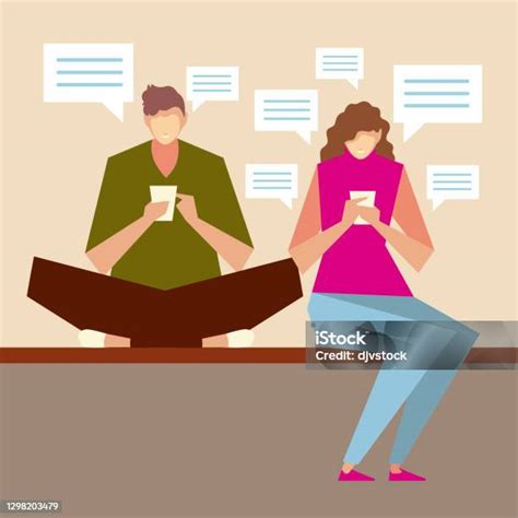 스마트폰 사람 및 가젯을 사용하여 앉아있는 남자와 여자 캐릭터 남성에 대한 스톡 벡터 아트 및 기타 이미지 남성 남자