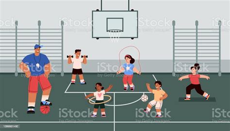 트레이너가있는 체육관에있는 아이들은 육체적으로 훈련 벡터 플랫 일러스트레이션 체육에 대한 스톡 벡터 아트 및 기타 이미지 체육 아이 벡터 Istock