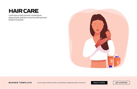 플랫 만화 스타일의 헤어 케어 개념 다채로운 벡터 일러스트레이션 헤드 라인 웹 배너에 대한 미용 바디 케어 및 화장품 관련 현대