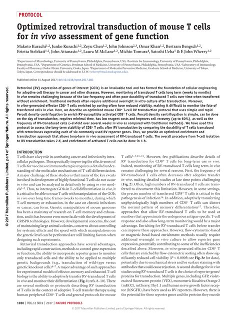 Pdf Optimized Retroviral Transduction Of Mouse T Cells For In Vivo