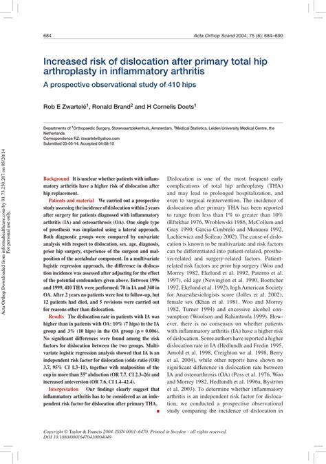 Pdf Increased Risk Of Dislocation After Primary Total Hip
