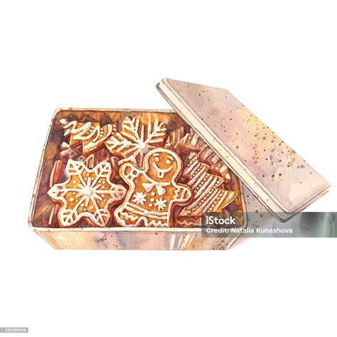 수채화 크리스마스 트리와 진저 브레드 남자와 별 눈송이 흰색 배경에 고립 된 상자 축하 겨울 새해 디저트 음식 벽지 또는 포장을 위한 베이커리 쿠키 클립 아트 0명에 대한