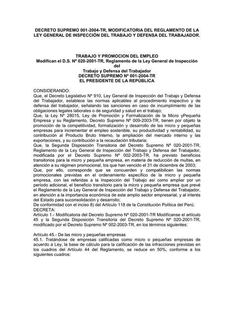 Decreto Supremo 001 2004 Tr Modificatoria Del Reglamento De La Ley