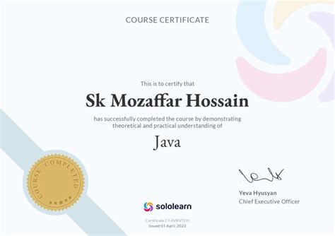 Alhamdulillah I Have Completed Java Course On Sololearn Sk Mozaffar Hossain
