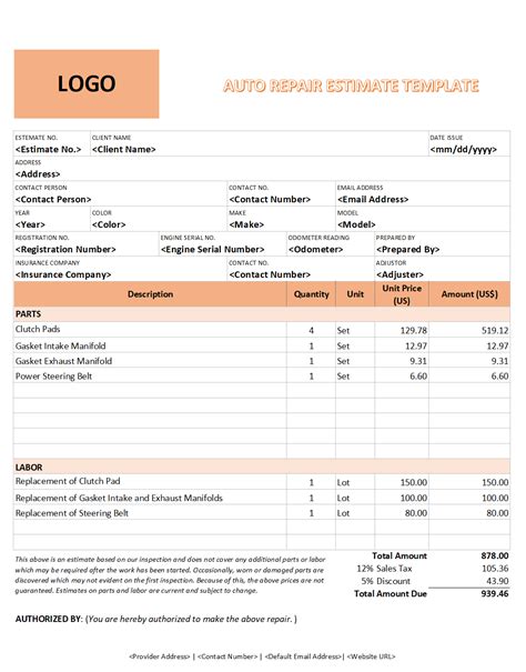 Free Estimate Template Forms Construction Repair Cleaning