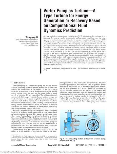 Pdf Vortex Pump As Turbine A Type Turbine For Energy Generation Or Recovery Based On