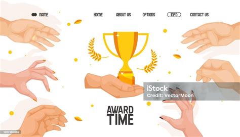 공모전 수상 웹 사이트 벡터 일러스트레이션 콘테스트 랜딩 페이지 경품 당첨자 발표 승리의 상징인 황금 트로피를 들고 있는 손 상을 받기 위해 도달하는 사람들 개념에 대한