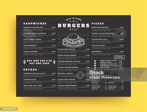漢堡餐廳功能表佈局設計手冊或食品傳單範本向量插圖向量圖形及更多漢堡圖片 漢堡 打字體 餐牌 Istock