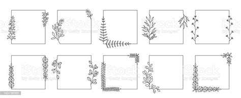 정사각형 식물 프레임 라인 낙서 허브 테두리와 꽃 프레임 초대장 및 인사말 카드를위한 장식 요소 벡터 야생화 웨딩 세트 가을 단풍에 대한 스톡 벡터 아트 및 기타 이미지