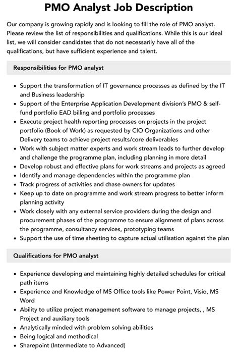 Pmo Analyst Job Description Velvet Jobs