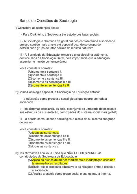 Banco De Questões De Sociologia