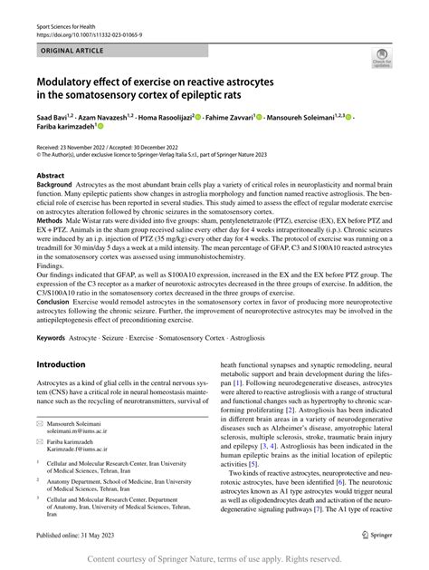 Modulatory Effect Of Exercise On Reactive Astrocytes In The Somatosensory Cortex Of Epileptic Rats