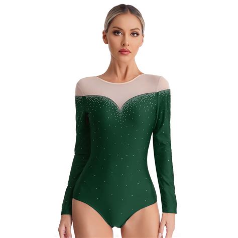 Tiaobug Sheer Mesh Long Sleeve Dance Leotards For Womens Ballet Leotard Gymnastics Bodysuit Dark